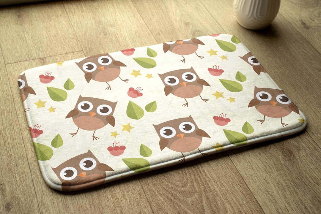 Owls Birds Bathroom Mat, Kids Pattern Brown, Noslip Mat, Small Space ...