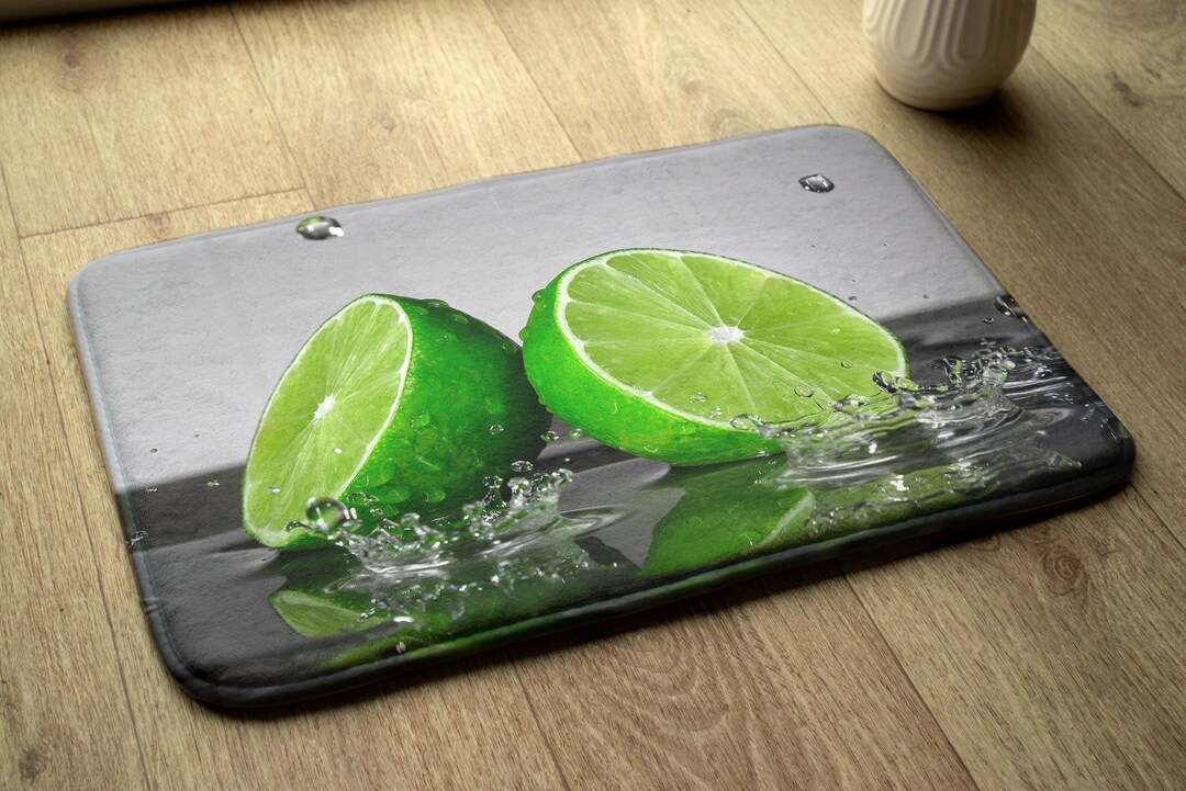 Lime Citruses Bathroom Mat, Plants Pattern Green, Designer Rug, Bath ...