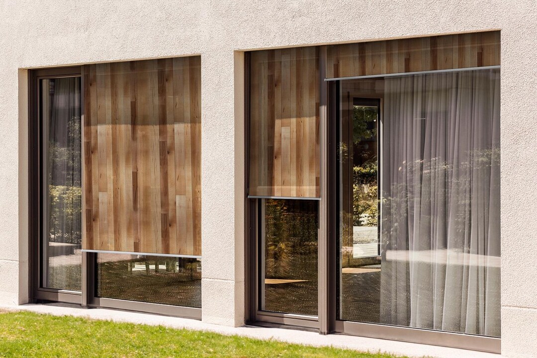 Striped Wooden Floor Balcony Roller Blinds, Structures Window ...