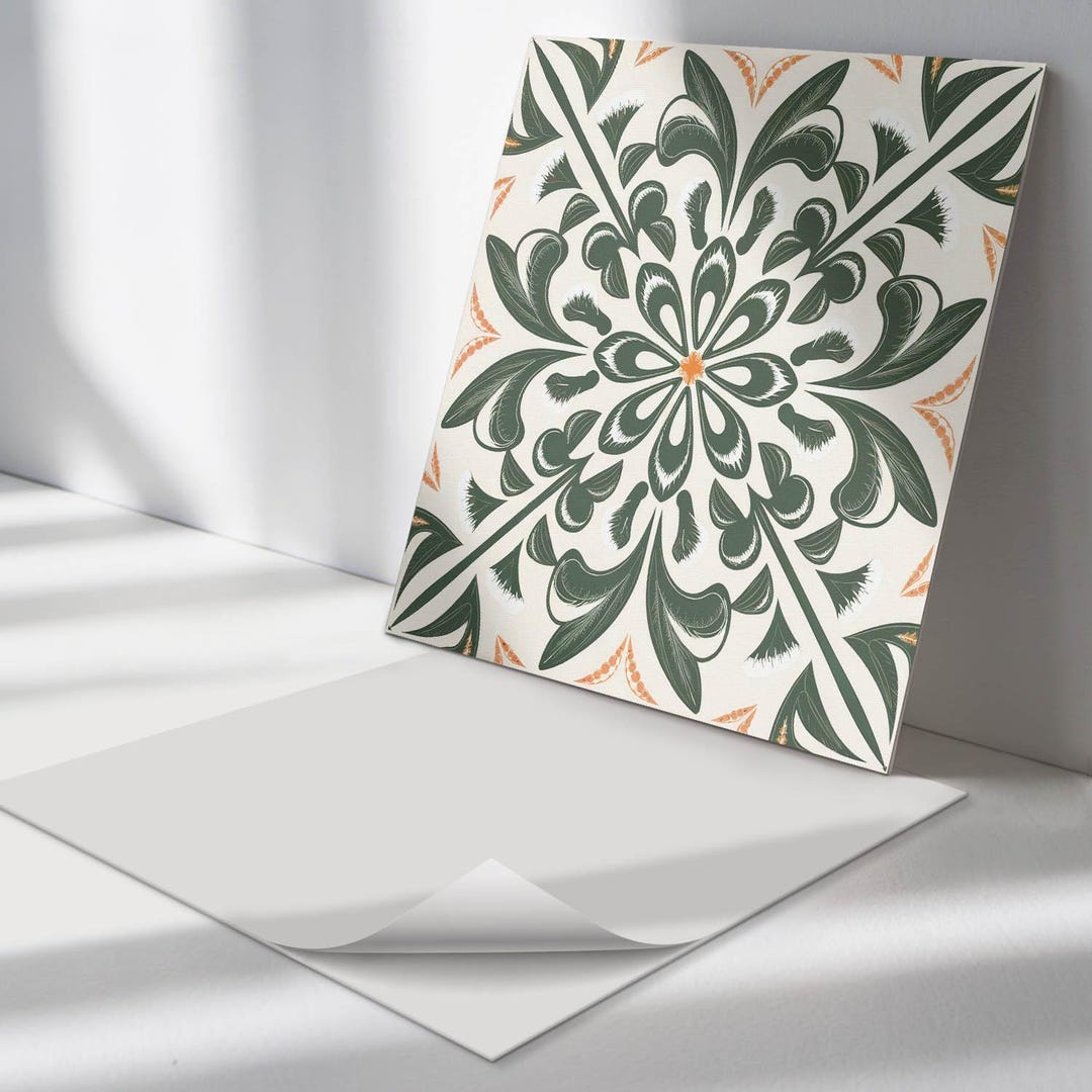 Floral Leaves PVC Floor Tiles, Green Tile Stickers, Peel and Stick ...