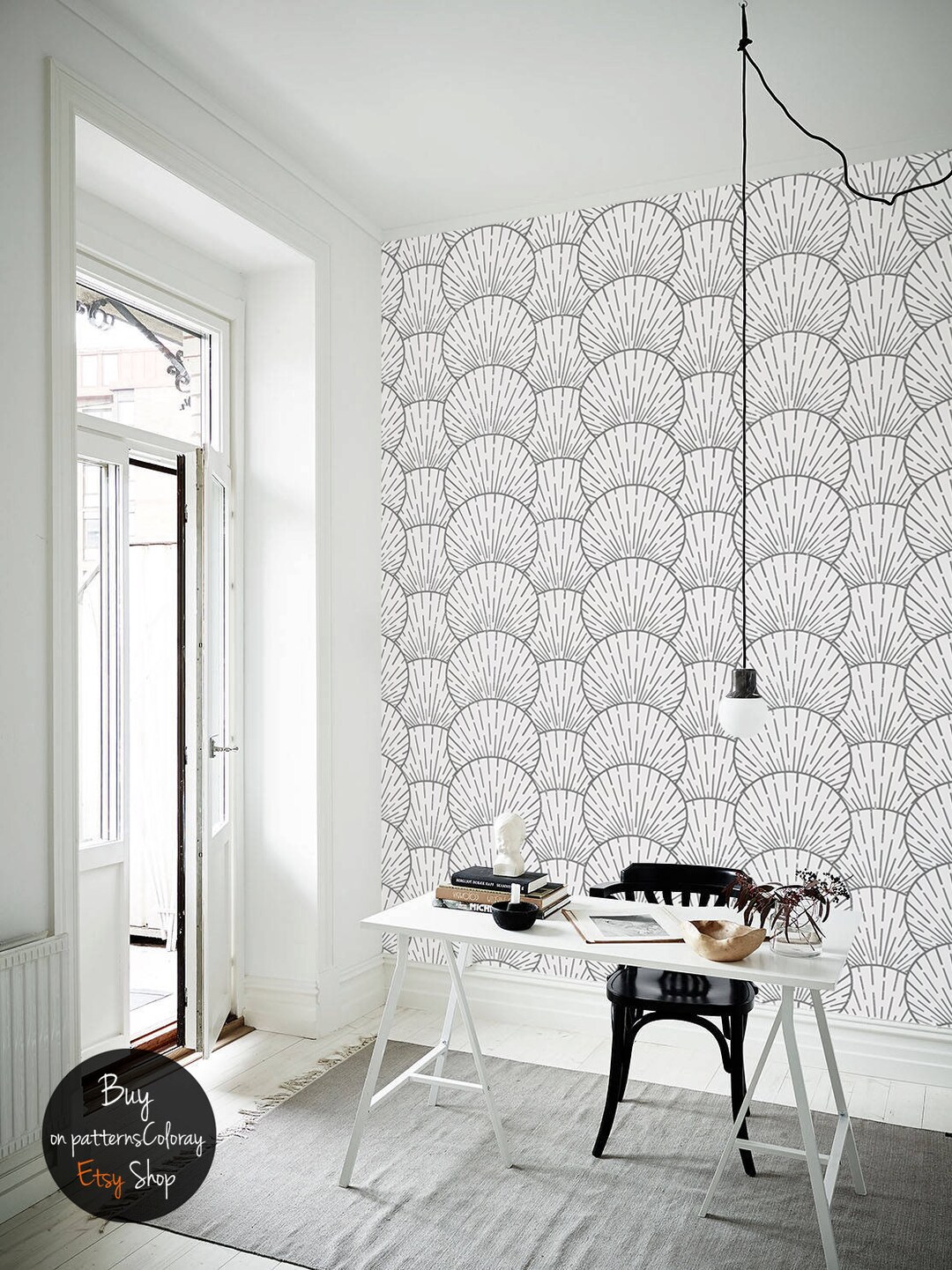 Geometric Sea Shells Pattern, Grey and White, Round Forms Wallpaper ...