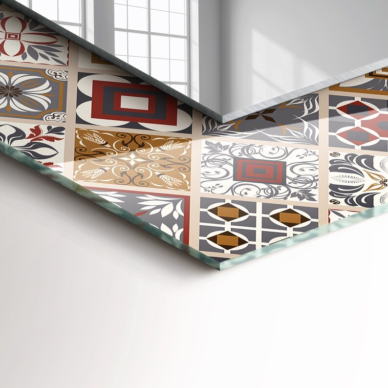 Colorful Tile Patterns, Brown Frame Mirror, Small Mirror, Wall Mirror ...