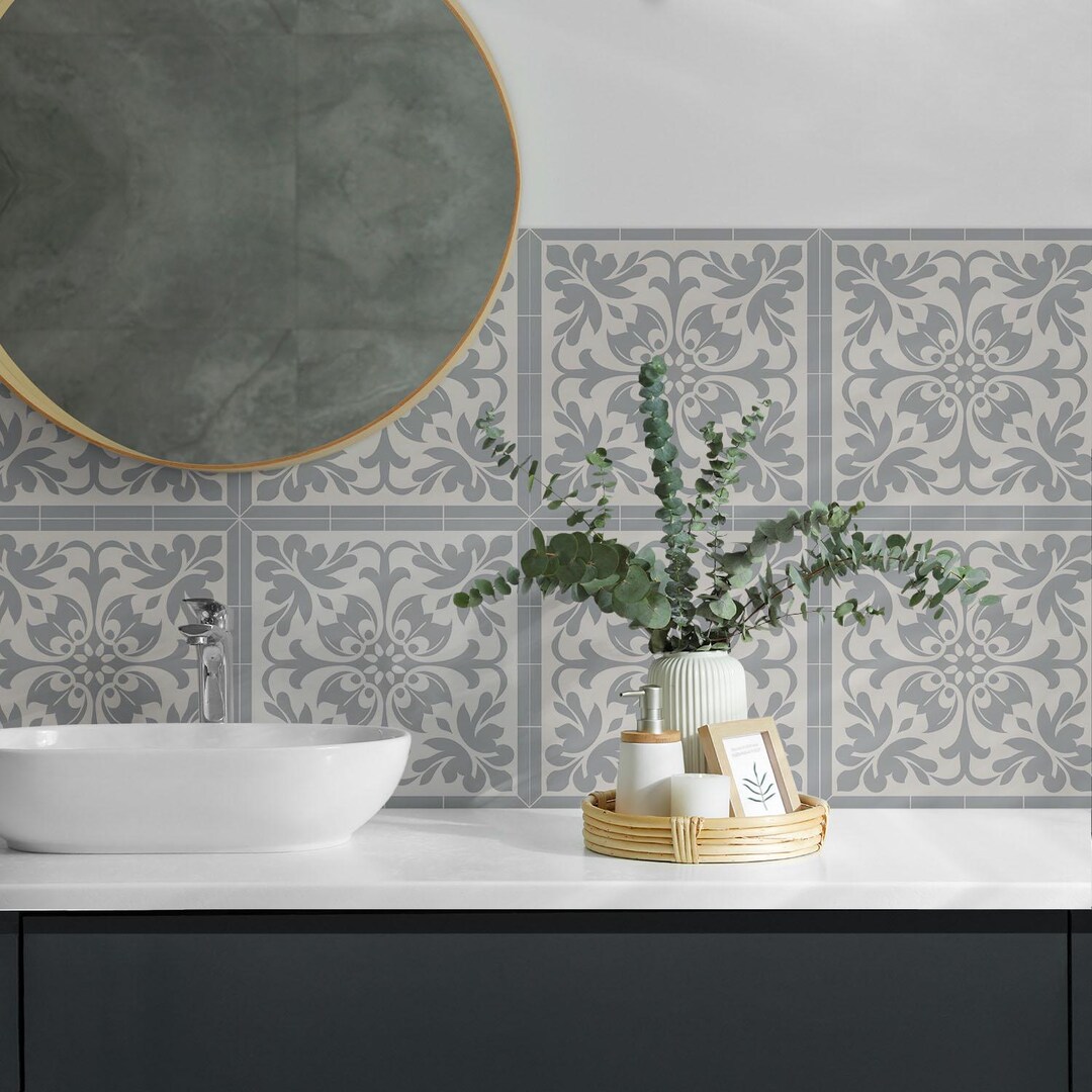 Plant Pattern on Tiles PVC Floor Tiles, Gray Tile Stickers, Removable ...