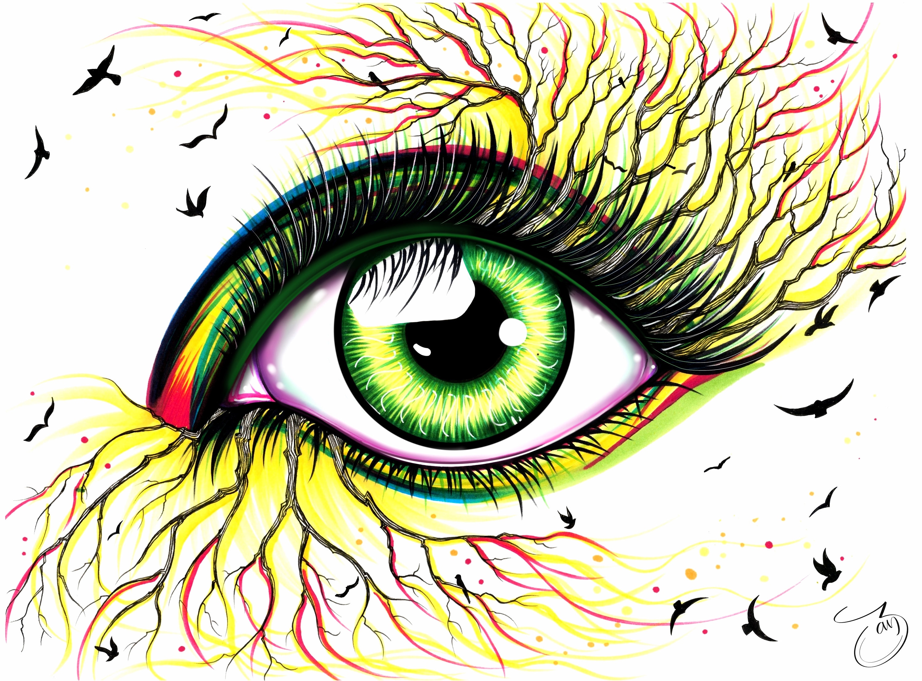 Green Eye Art Print, Eye Drawing, Birds, Tree, Colorful Prints ...