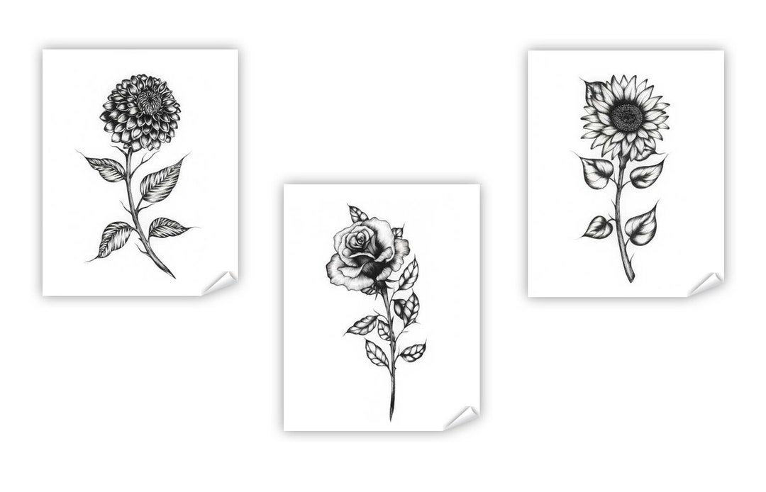 Floral Ink Drawings, Flower Prints, Individual or Set of 3, Art Prints ...