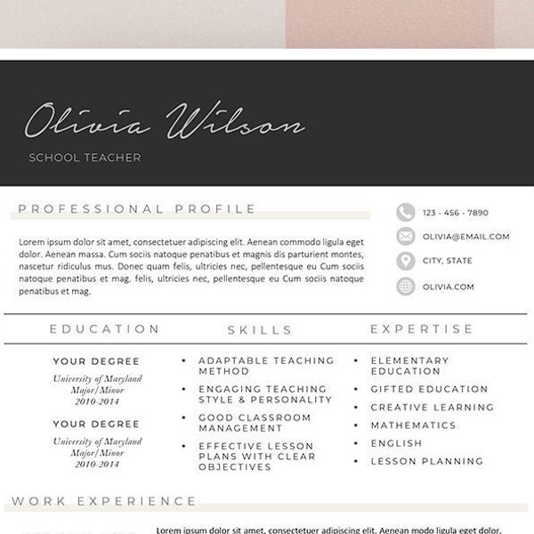 Modern Teacher Resume Template Word With Black Header, Creative Cv ...