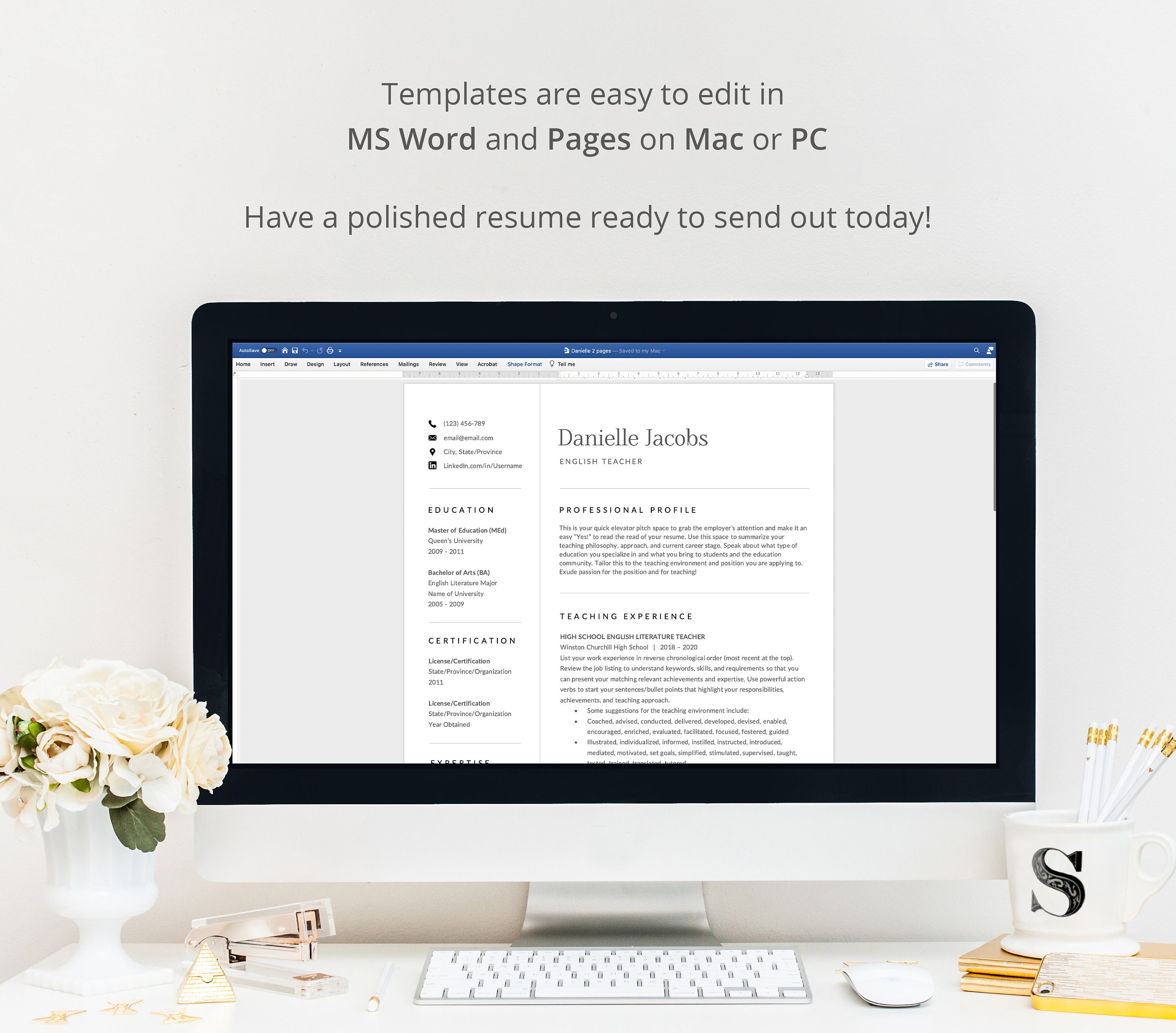 Professional Teacher Resume Template Word Design Cv Template - Etsy