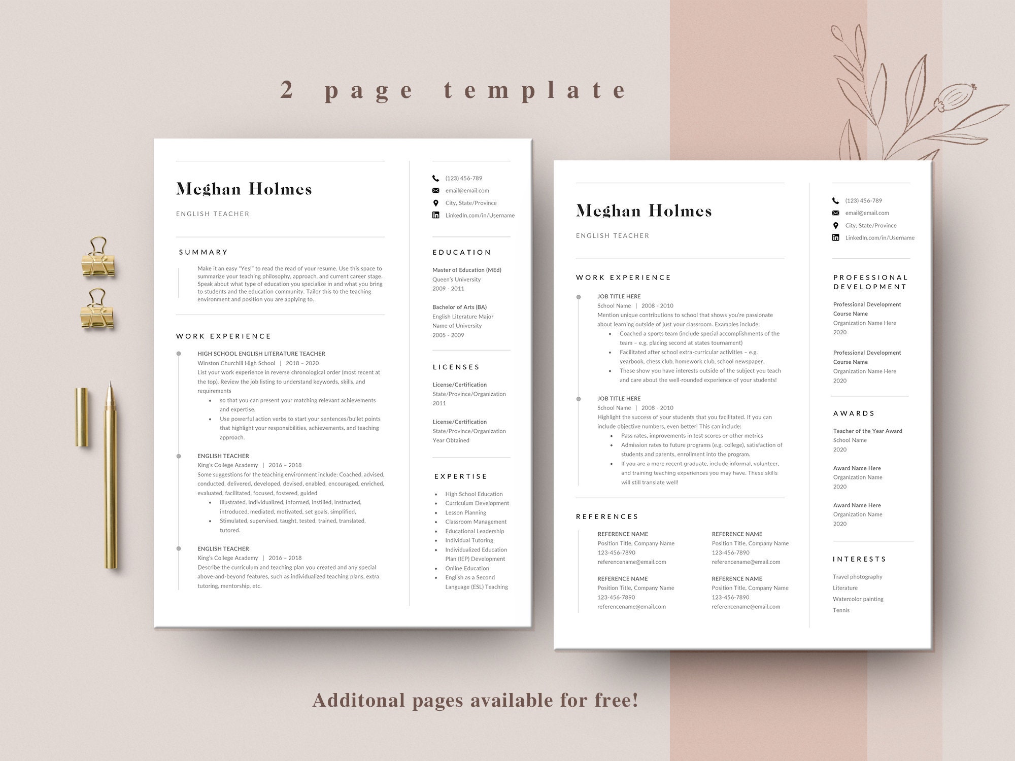 Elegant Teacher Resume Template Word and Cover Letter, Professional Cv ...