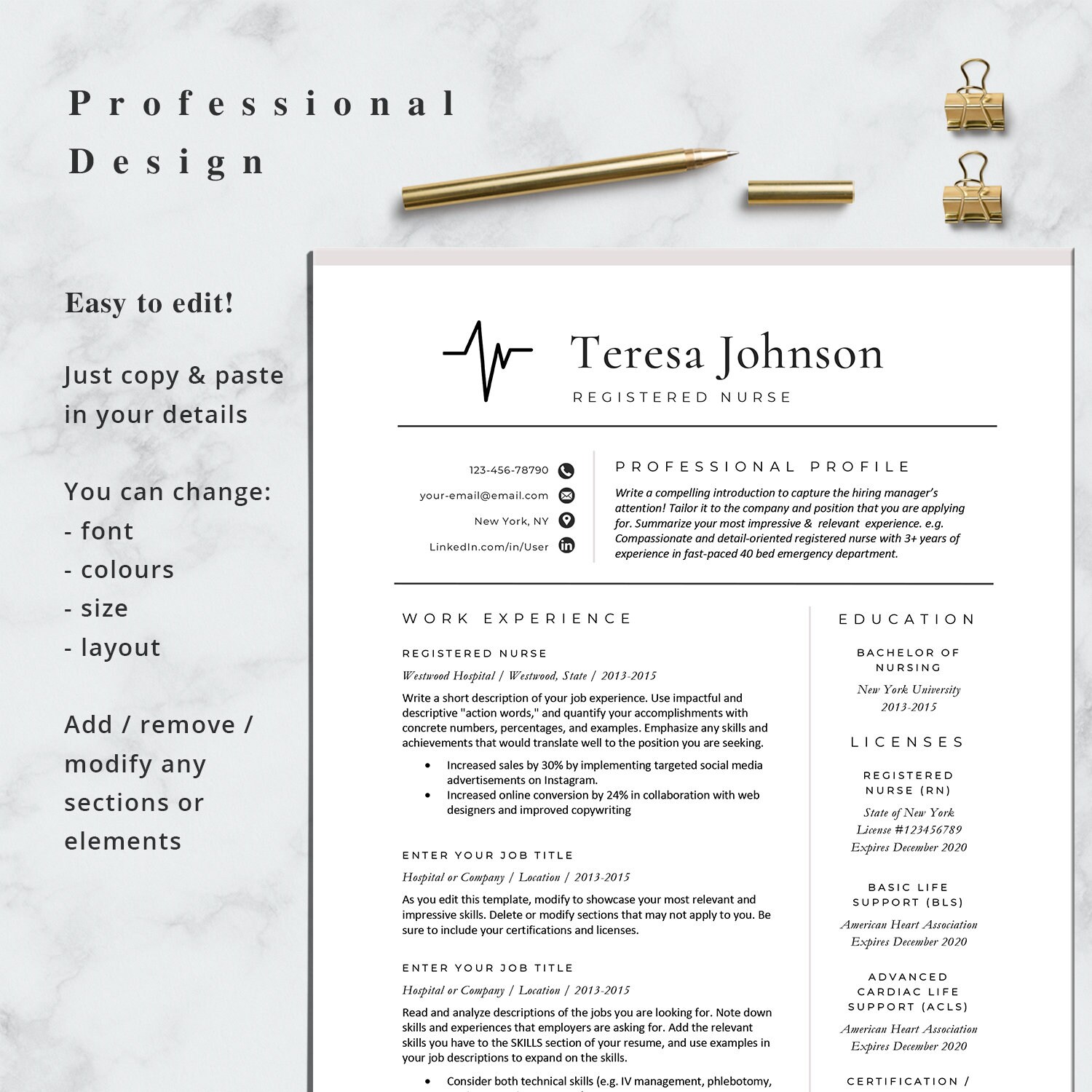 Nurse Resume Template With Heart Tracing for Digital Download, Teacher ...
