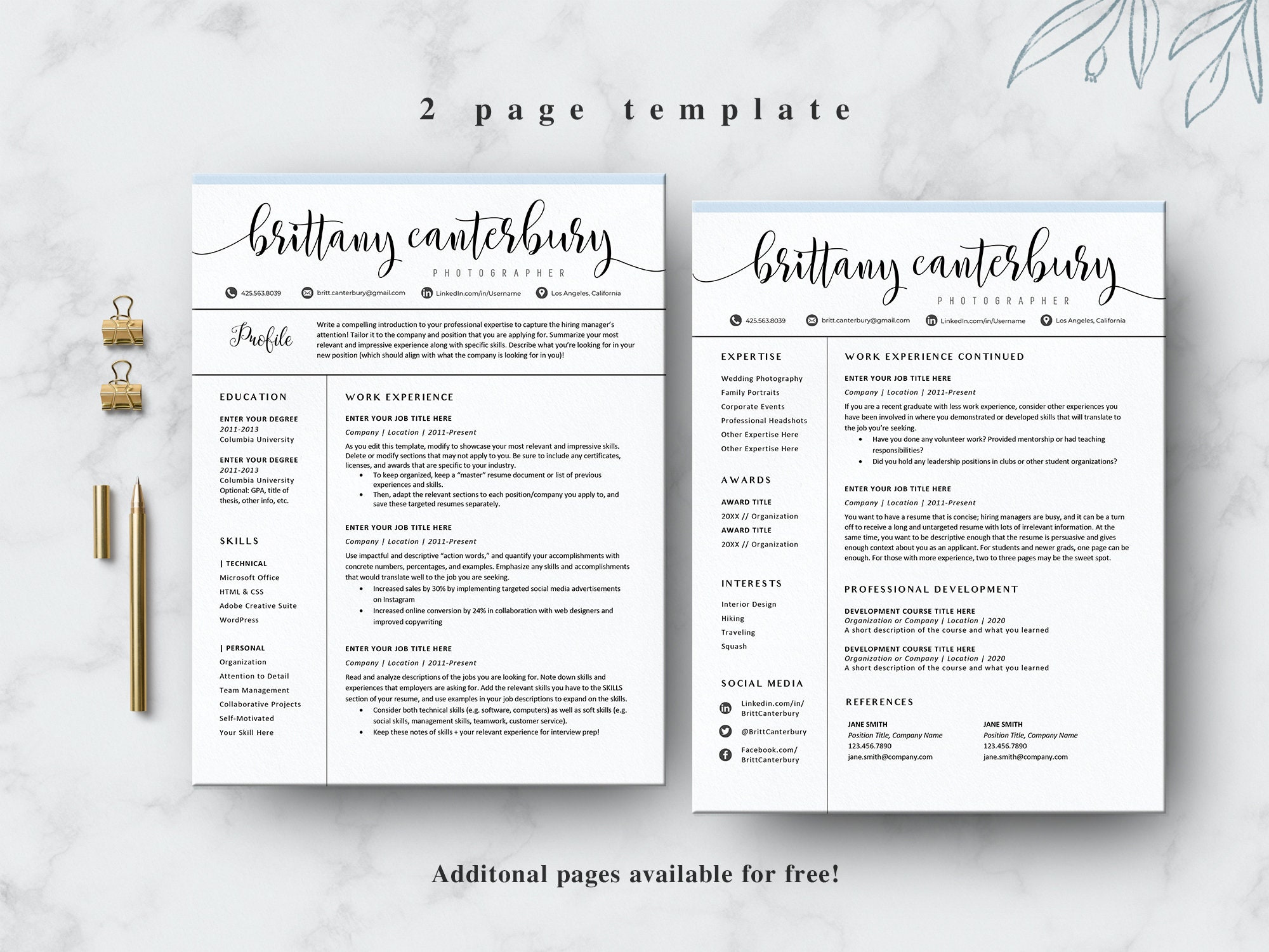 Calligraphy Header Teacher Resume Template Word Modern Cv - Etsy