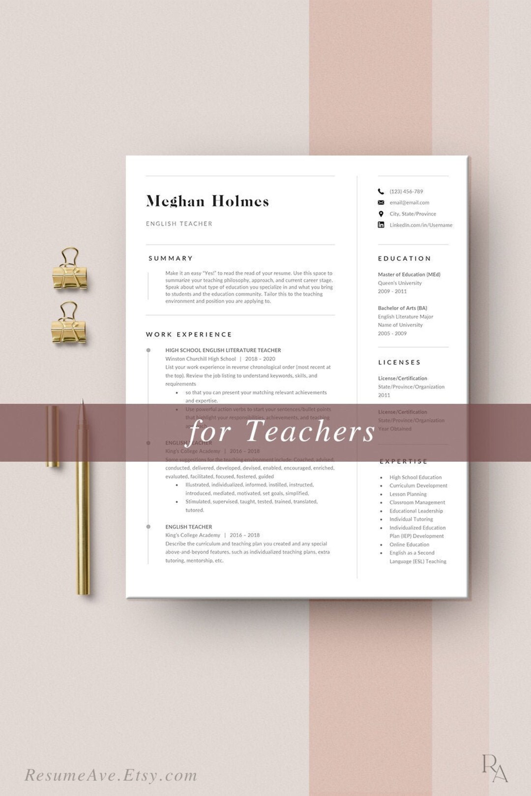 Elegant Teacher Resume Template Word and Cover Letter, Professional Cv ...