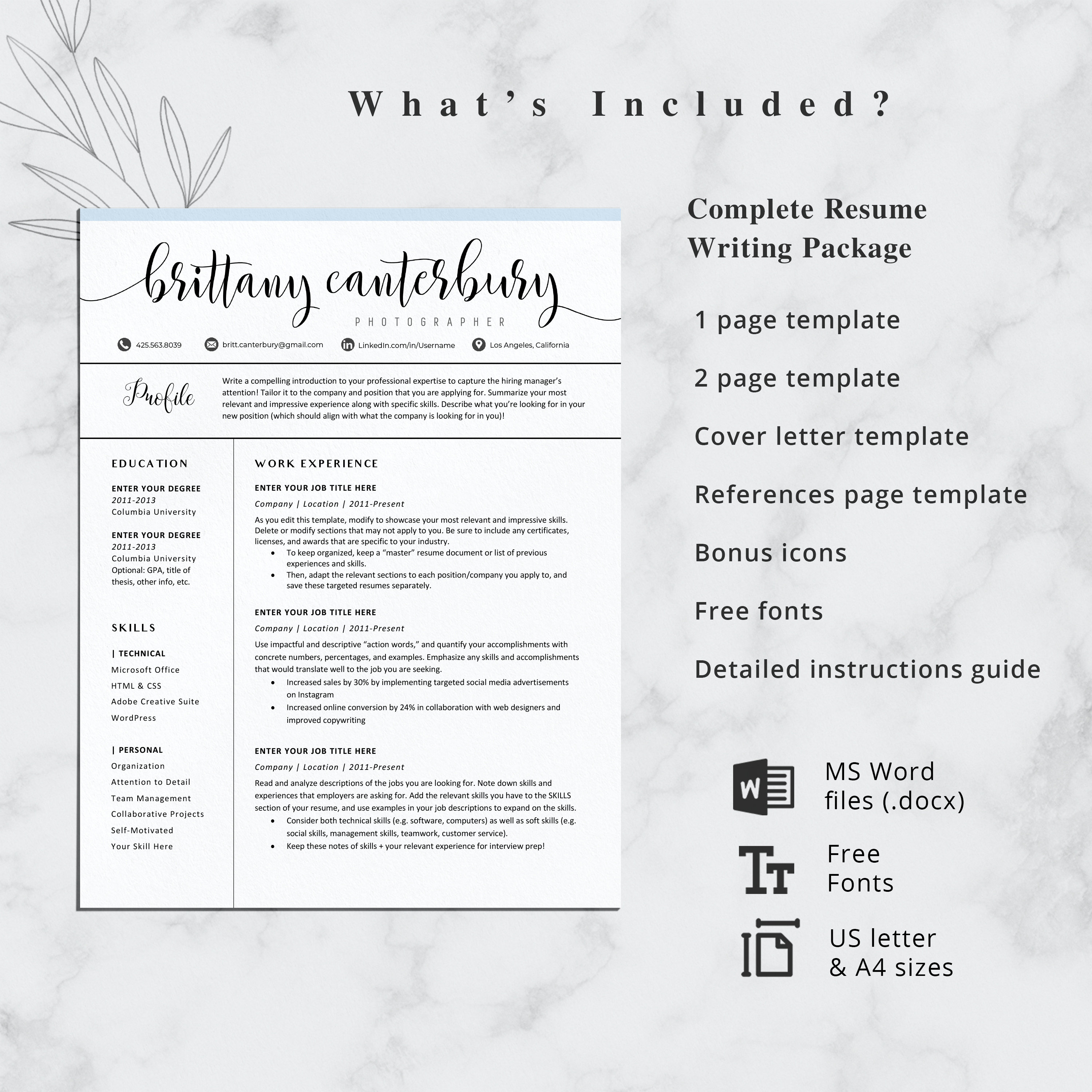 Calligraphy Header Teacher Resume Template Word Modern Cv - Etsy