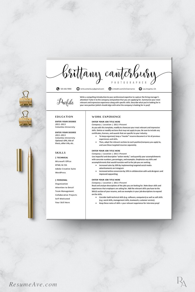 Calligraphy Header Teacher Resume Template Word, Modern Cv Template ...