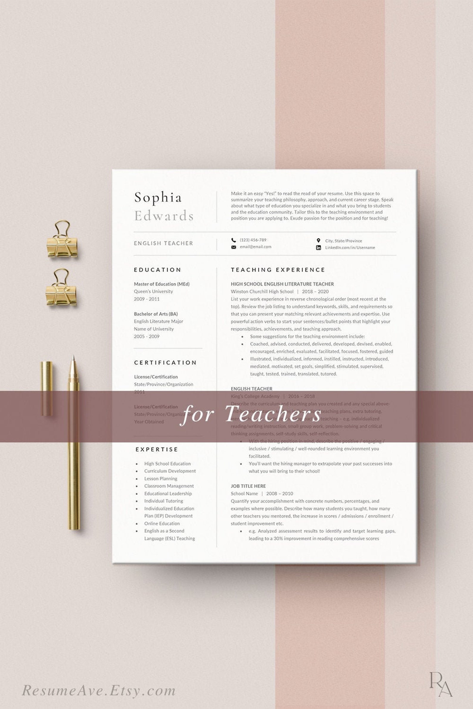Professional Teacher Resume Template & Cv Design Lebenslafu - Etsy