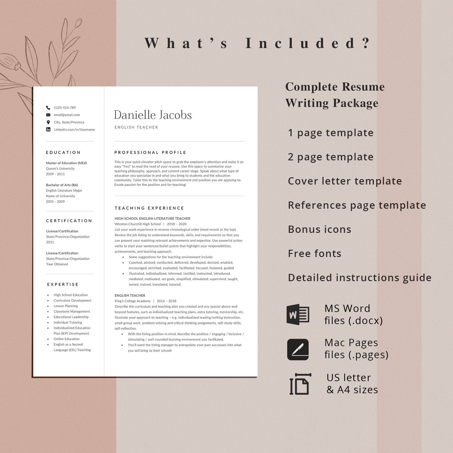 Professional Teacher Resume Template Word Design Cv Template - Etsy