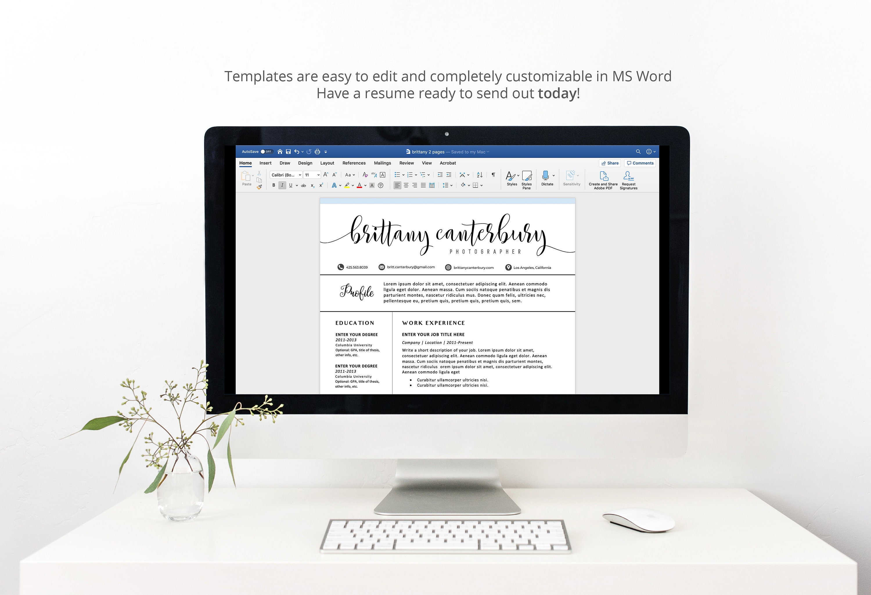 Calligraphy Header Teacher Resume Template Word Modern Cv - Etsy
