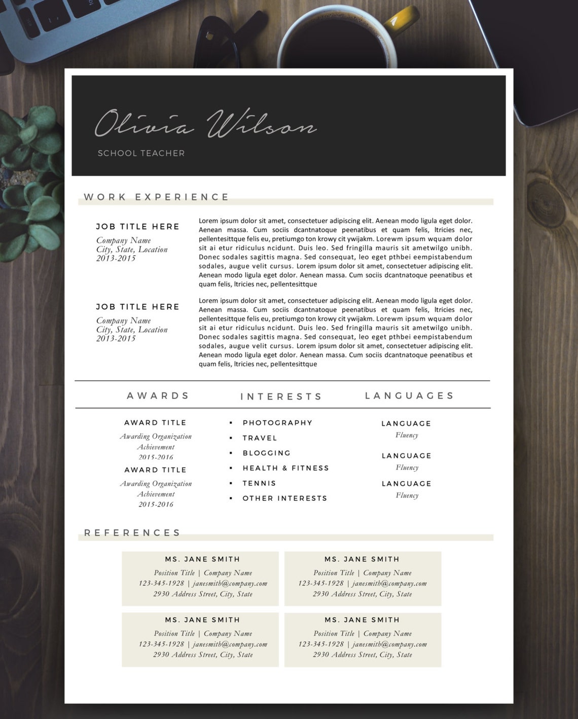 Modern Teacher Resume Template Word With Black Header, Creative Cv ...