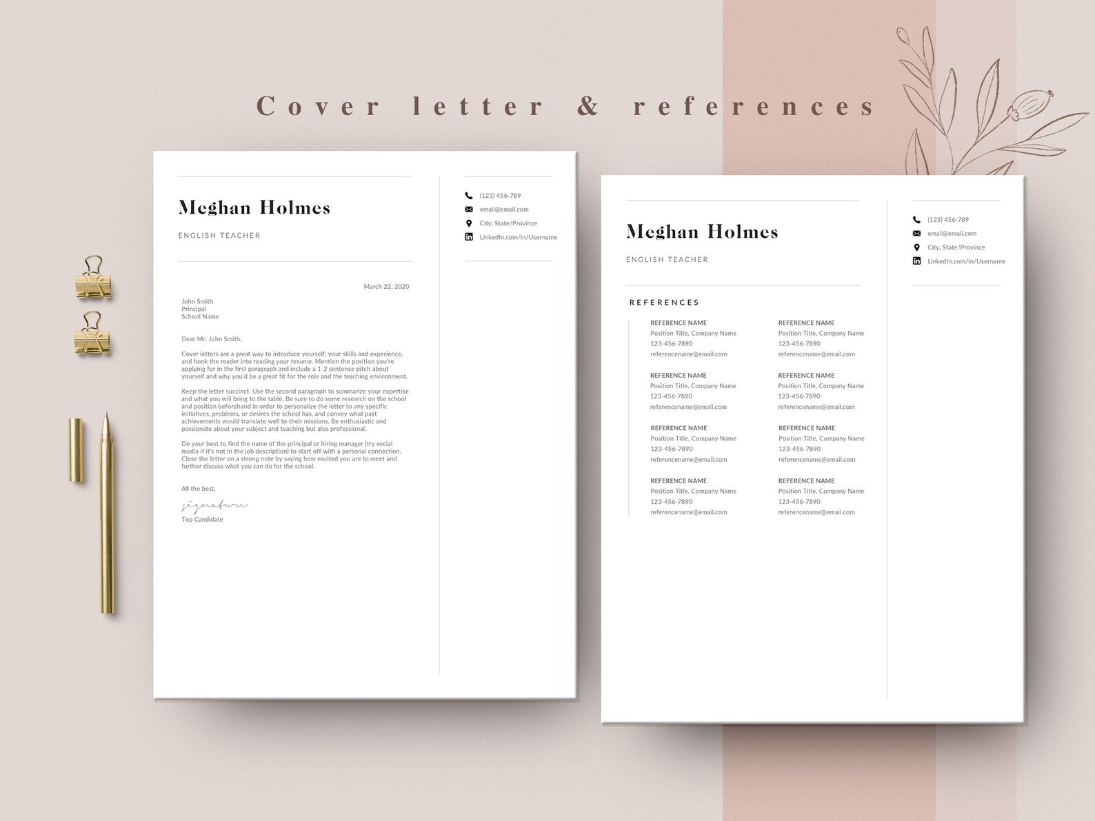 Elegant Teacher Resume Template Word and Cover Letter, Professional Cv ...