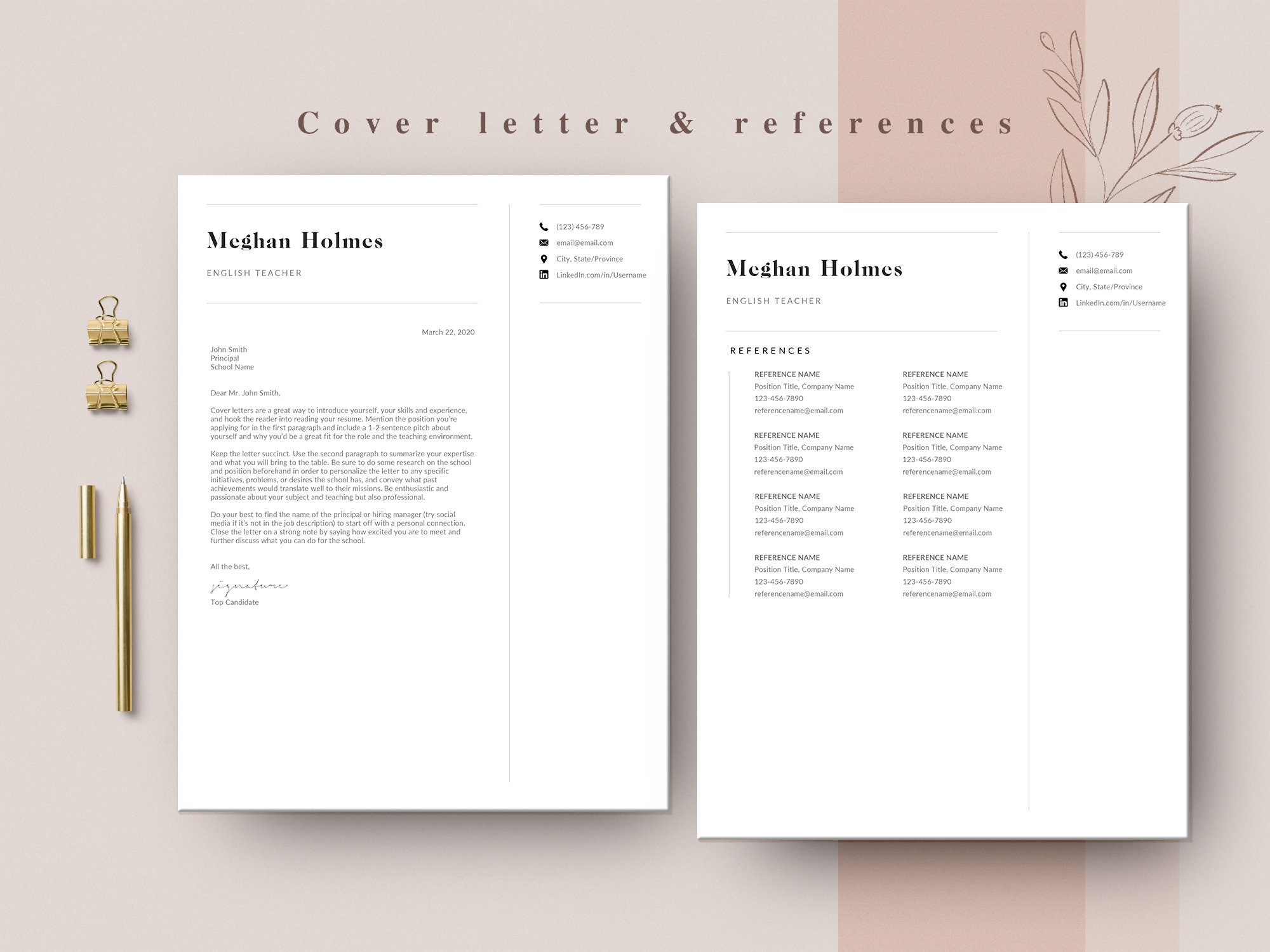 Elegant Teacher Resume Template Word and Cover Letter, Professional Cv ...