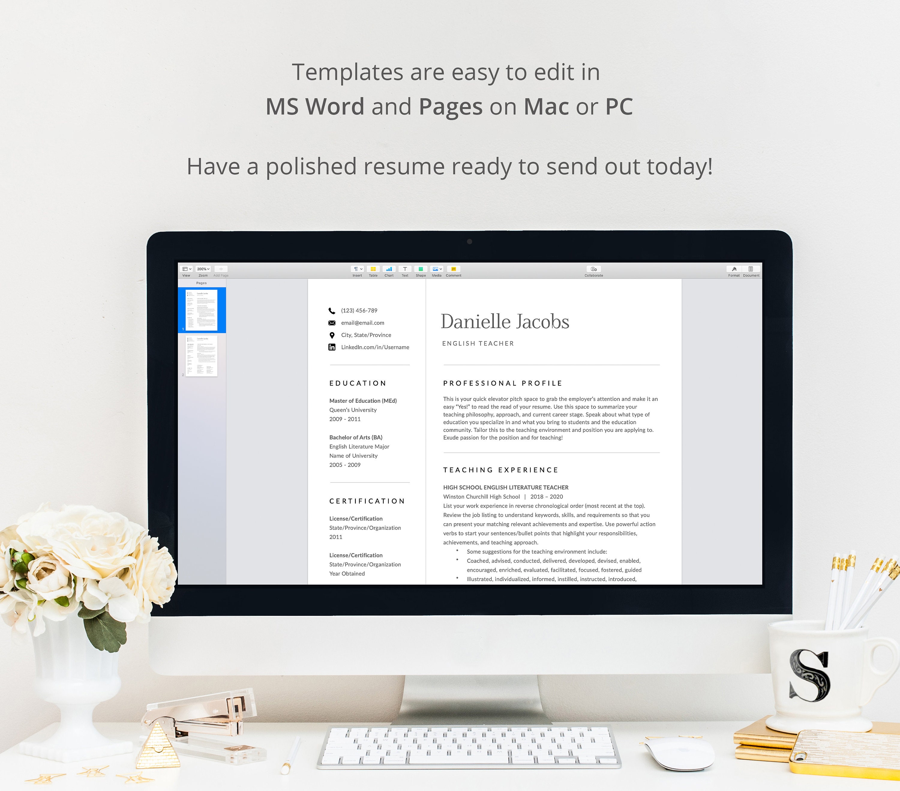 Professional Teacher Resume Template Word Design Cv Template - Etsy