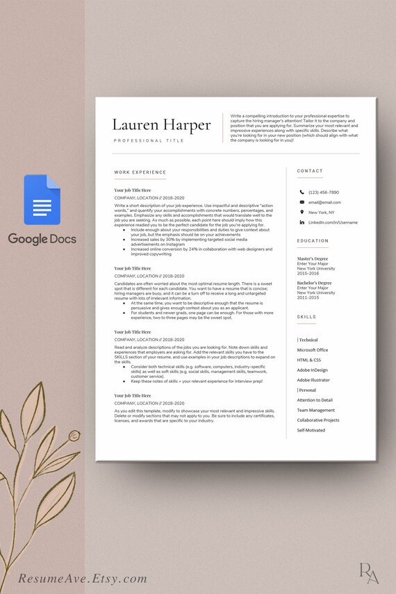 Simple google docs resume professional teacher resume | Etsy