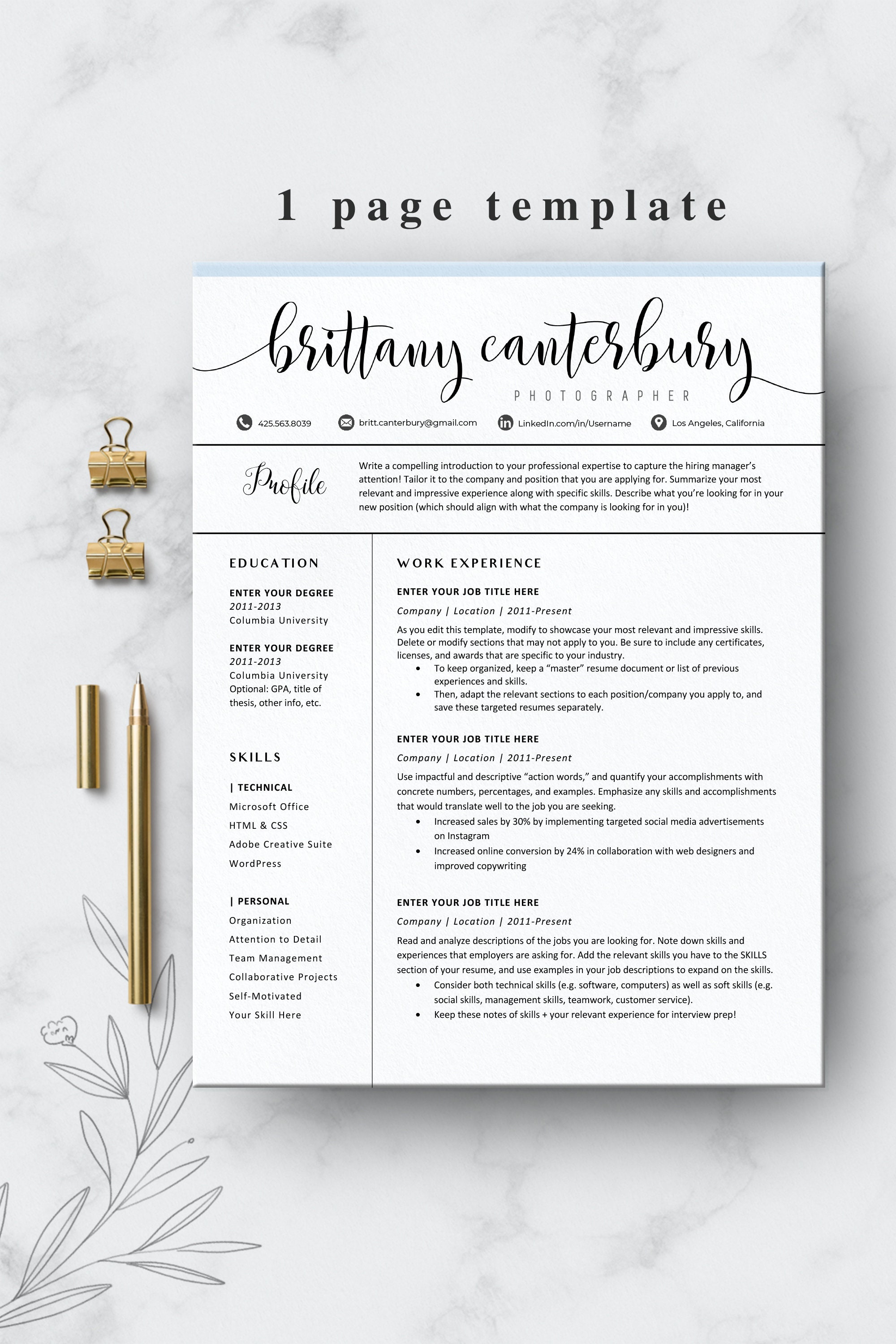 Calligraphy Header Teacher Resume Template Word Modern Cv - Etsy