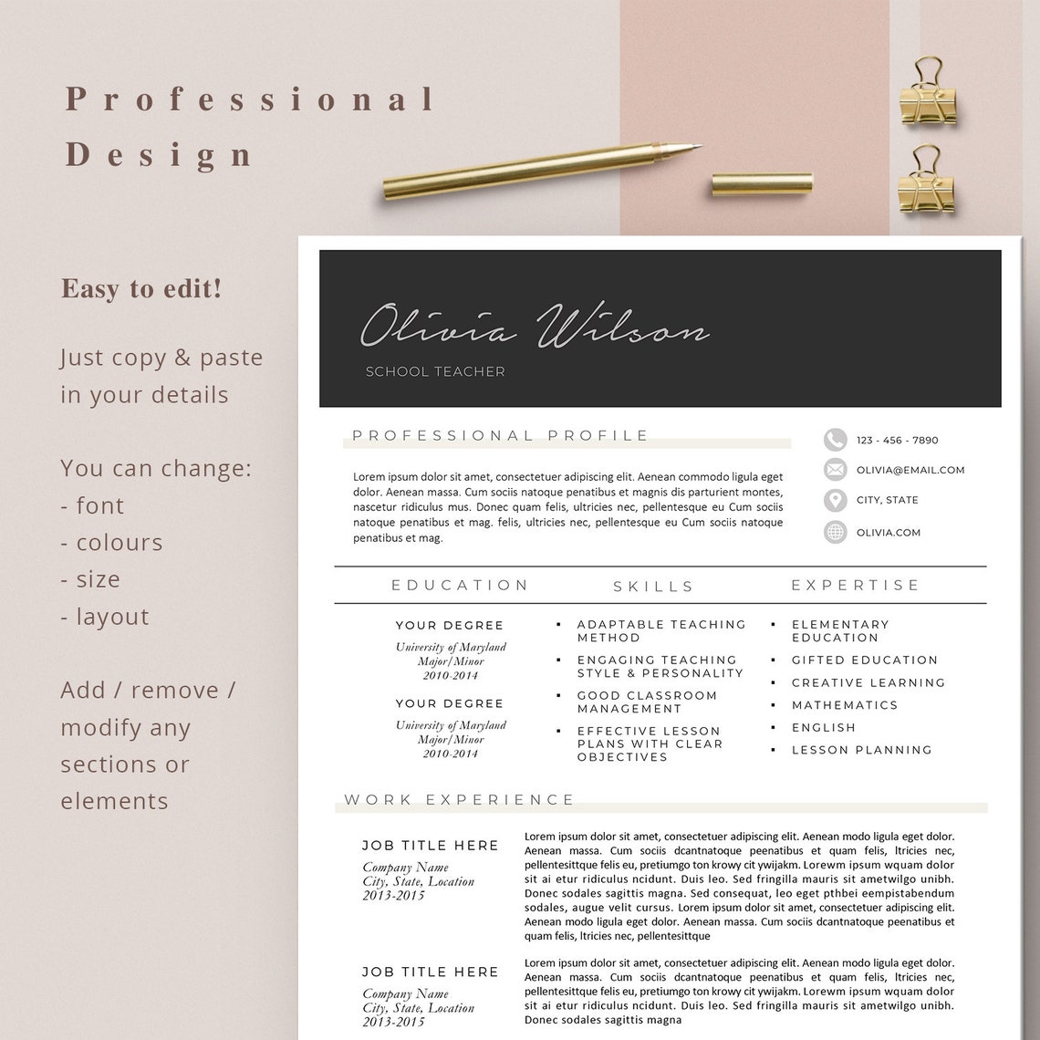 Modern Resume Template, Modern Resume Design for Word | 1+2 Page ...