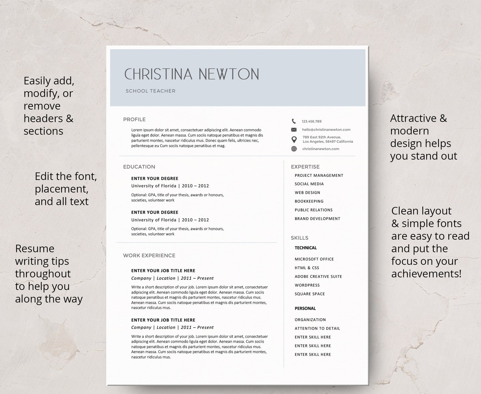 CV Digital Download for Word With Blue Header, Minimalistic Executive ...