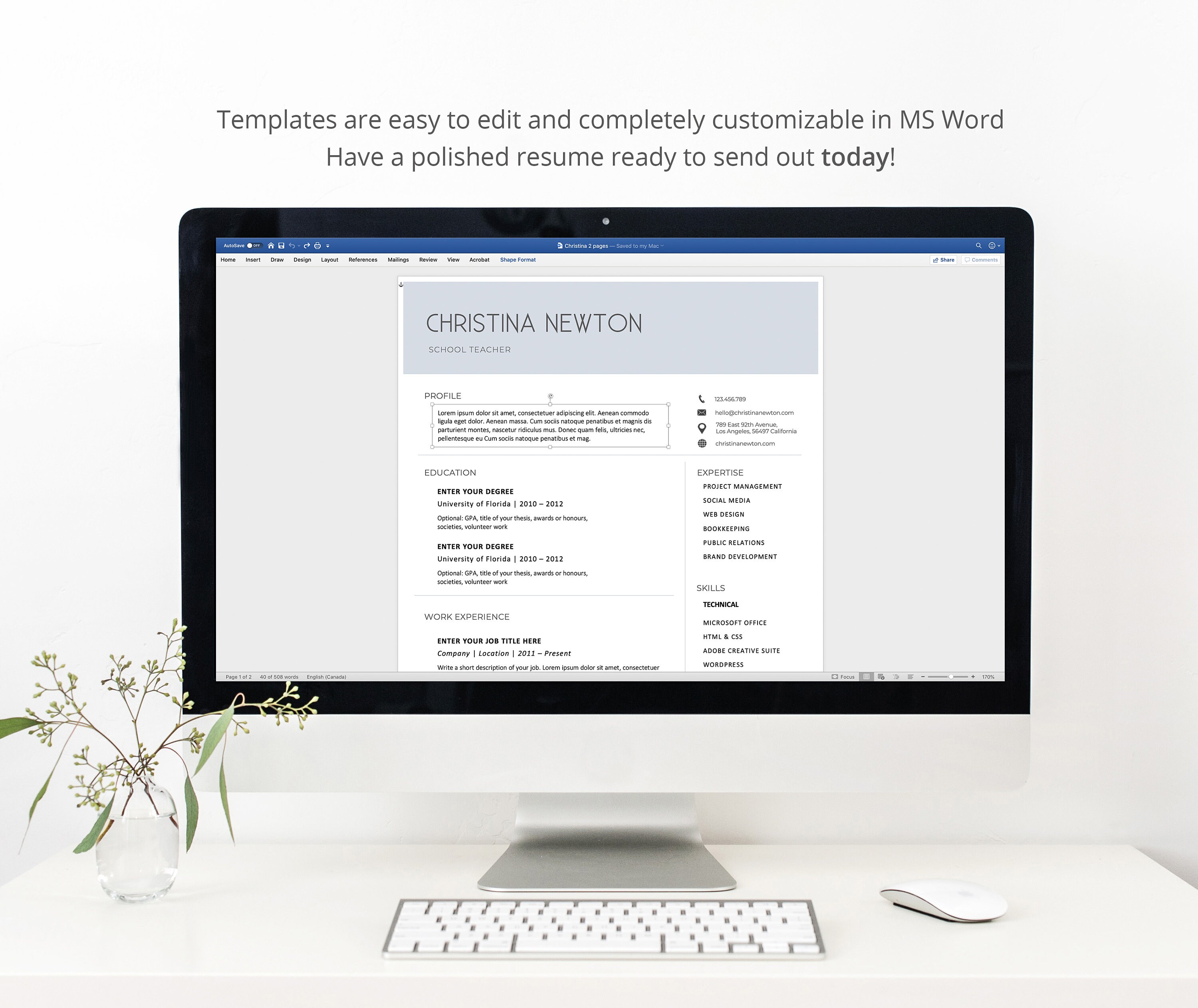 CV Digital Download for Word With Blue Header, Minimalistic Executive ...