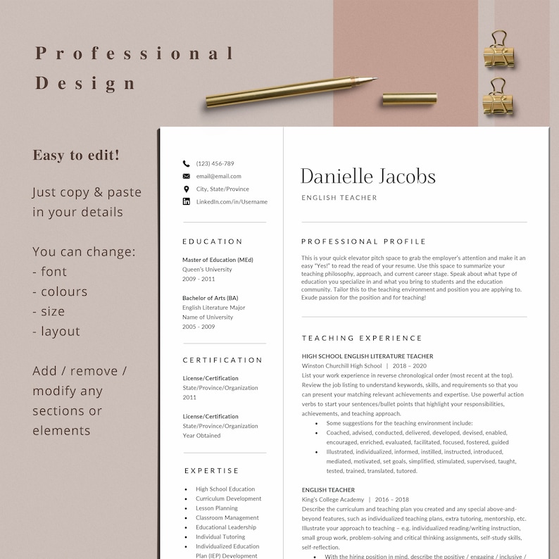 Professional Teacher Resume Template Word Design Cv Template - Etsy