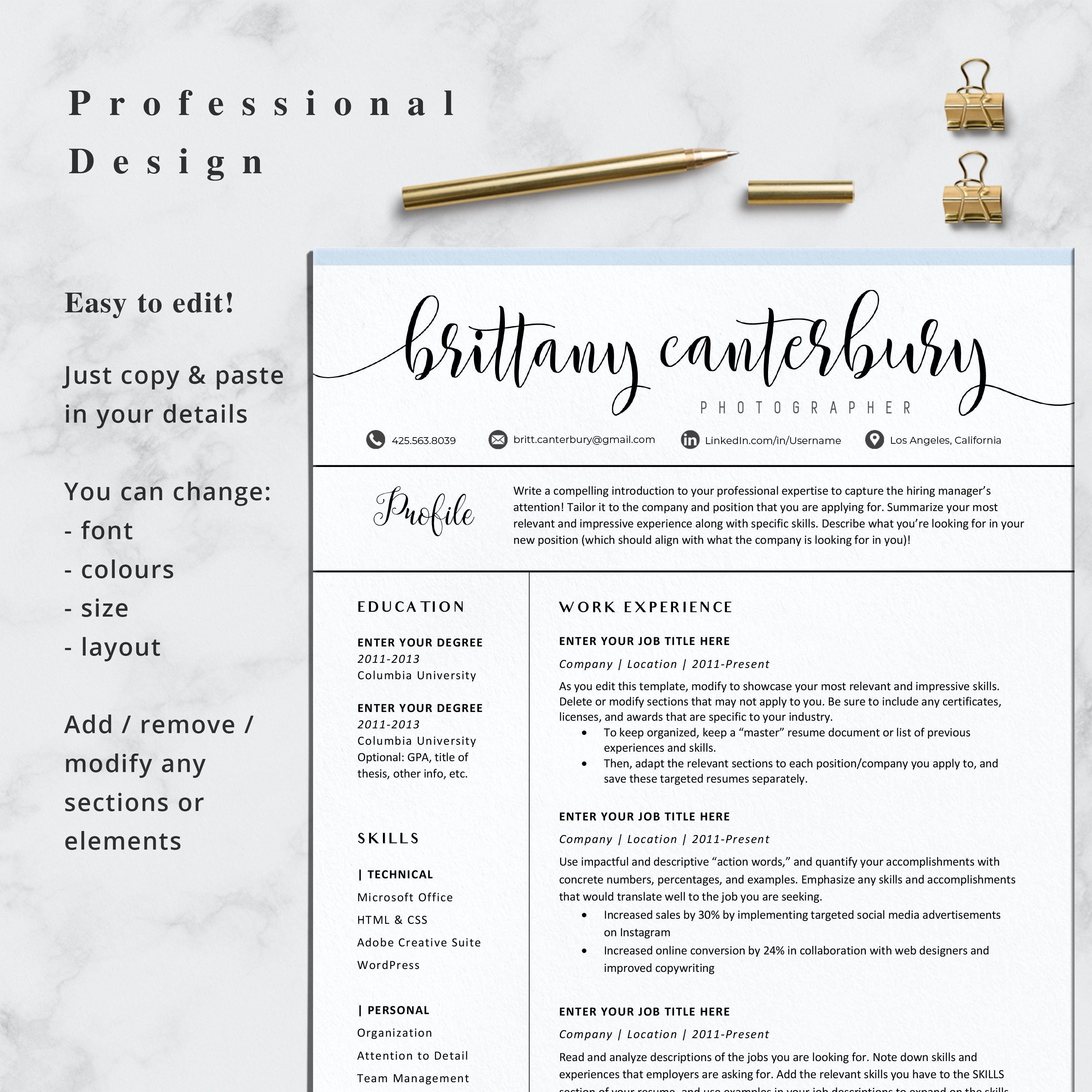 Calligraphy Header Teacher Resume Template Word Modern Cv - Etsy