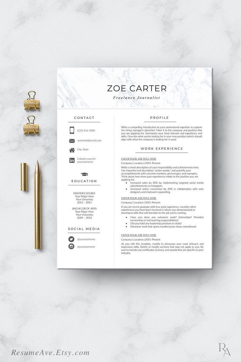 Nurse resume template with marble header modern and creative | Etsy