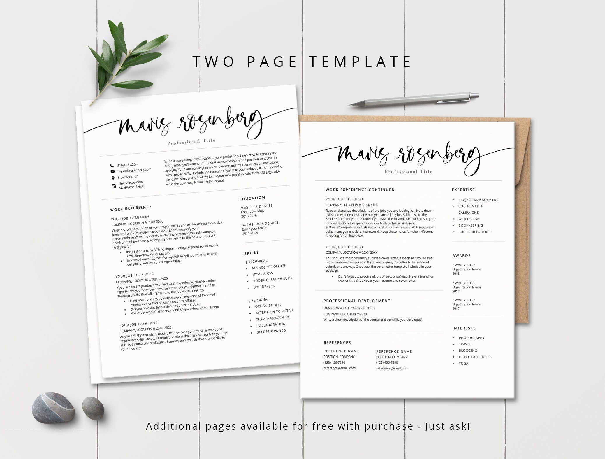 Resume template instant download with calligraphy name | Etsy
