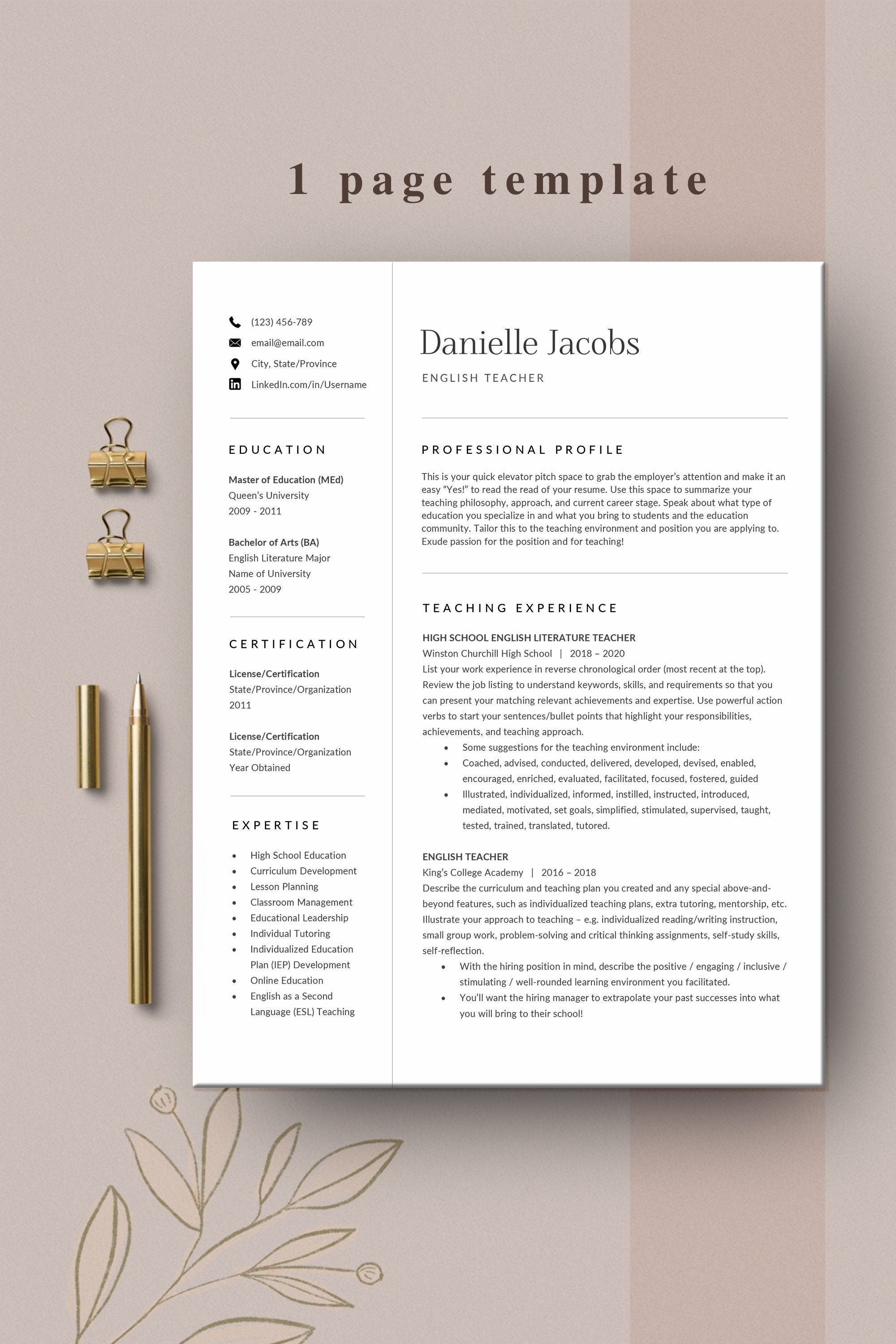 Professional Teacher Resume Template Word Design, Cv Template for ...