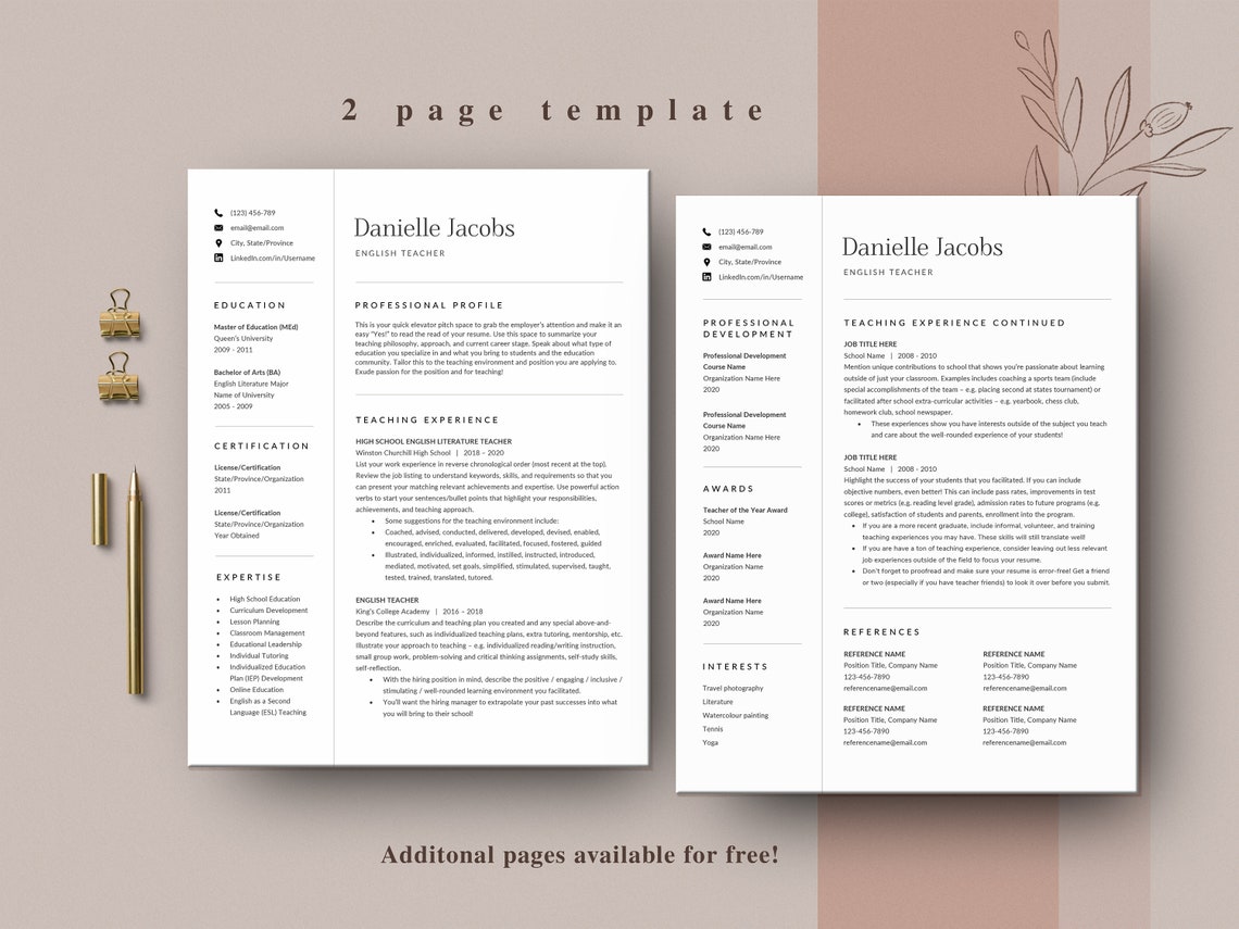 Professional Teacher Resume Template Word Design Cv Template - Etsy