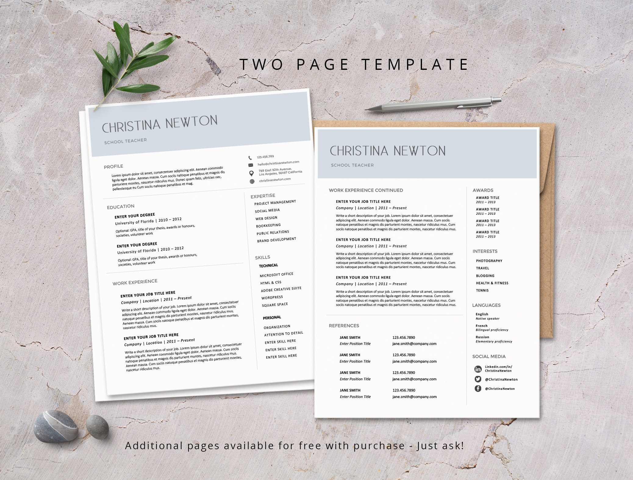 CV Digital Download for Word With Blue Header, Minimalistic Executive ...