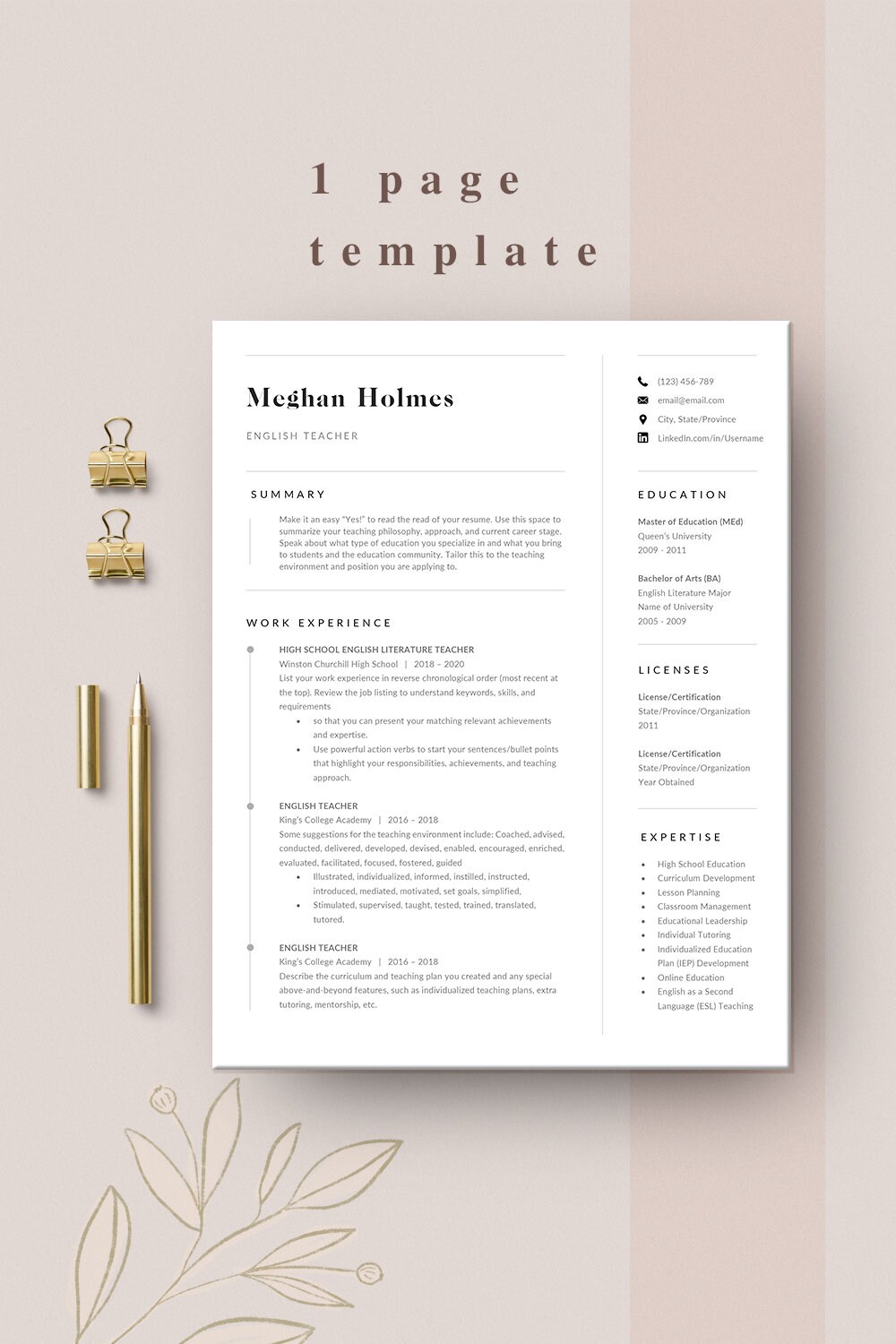 Elegant Teacher Resume Template Word and Cover Letter, Professional Cv ...