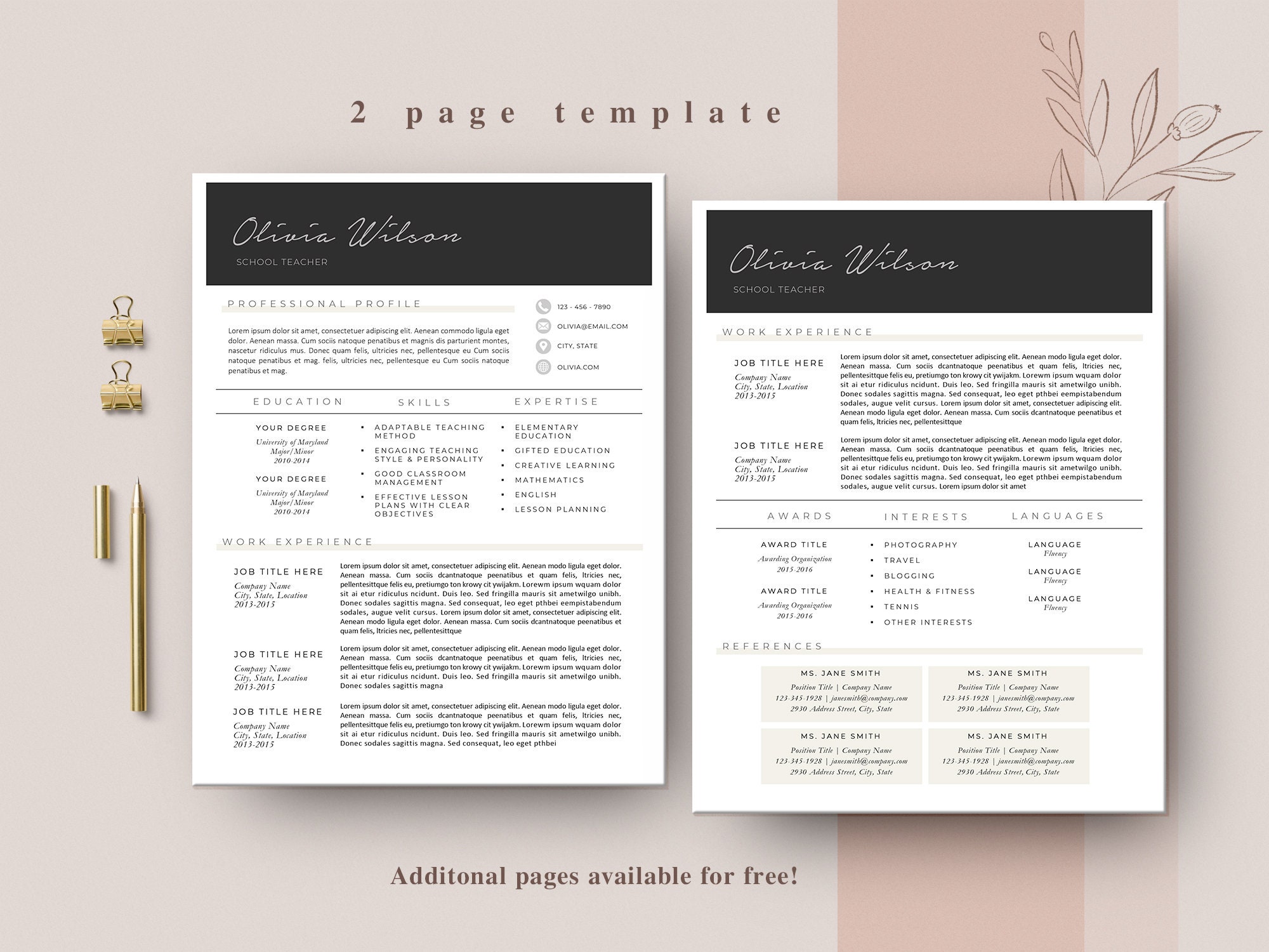 Modern Resume Template, Modern Resume Design for Word | 1+2 Page ...