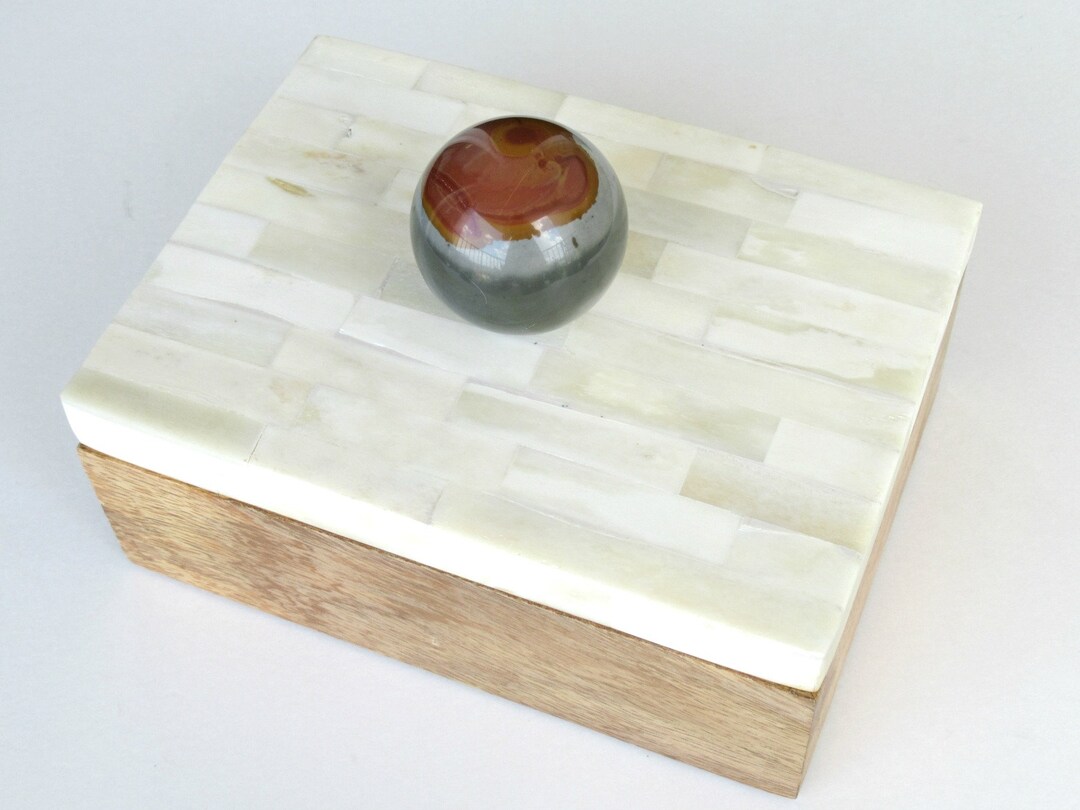 Natural Wood & Inlayed Faux Bone Lid Box - Polychrome Jasper Orb ...