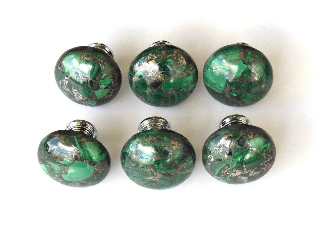 One (1) or Sets of (4) - (8) - (12) - (24) Knobs - Pyrite Malachite Knobs - Round Stone Cabinet ...