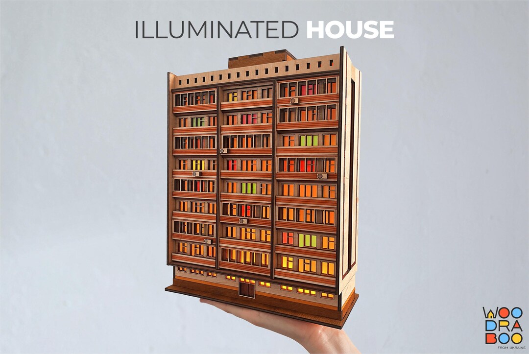 Lit Wooden House / Apartment Building Lamp / Mantel Luminary Brezhnevka ...