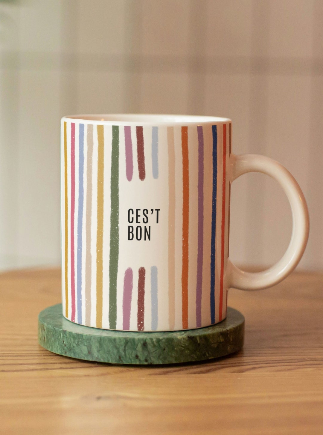 Cest Bon French Quote Mug, Colourful Striped Pattern Coffee Cup, Funny ...