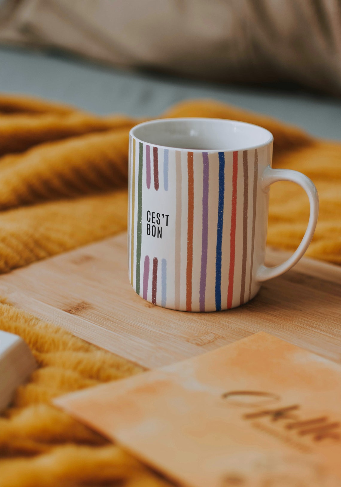 Cest Bon French Quote Mug, Colourful Striped Pattern Coffee Cup, Funny ...