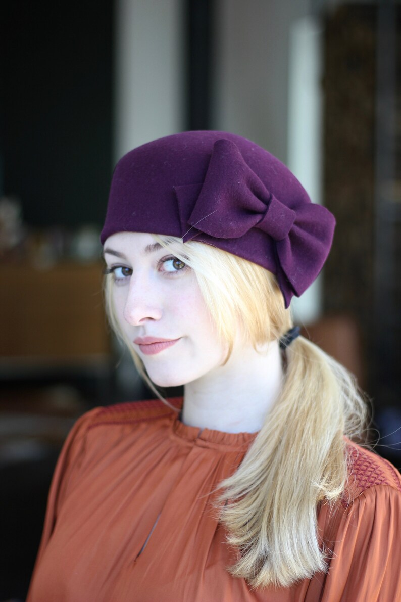 Burgundy Winter Felt Millinery Hat, Purple Hat With Bow, Felt Woman Hat ...
