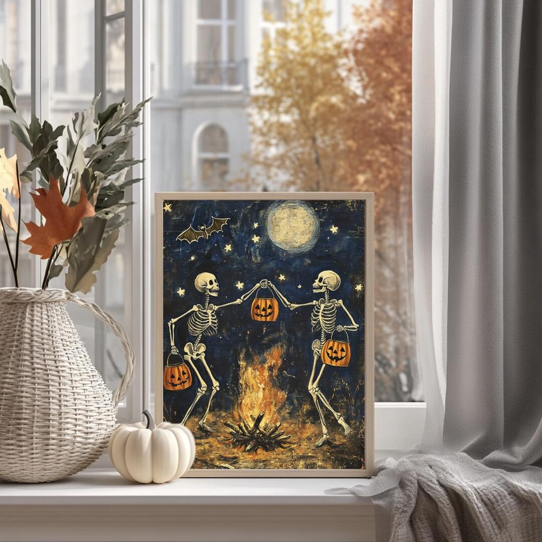 Dark Academia Art Print. Halloween Skeletons Dancing Under an Autumn ...