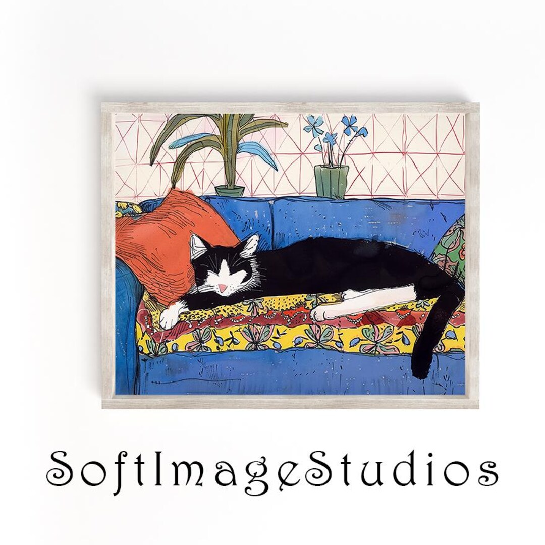 A Black and White Cat on a Colorful Retro Couch. Cozy Cat Lover Wall ...