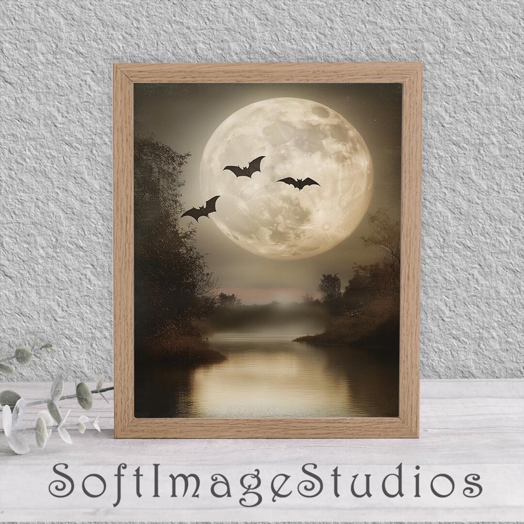 Art Print of a Halloween Aesthetic Full Autumn Moon With Bats Flying ...