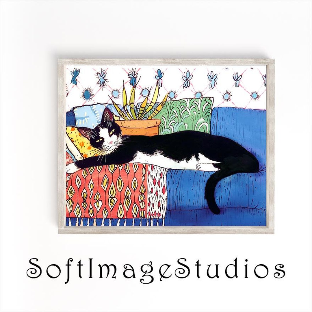 Art Print of a Black and White Cat on a Retro Couch. Cozy Sleeping Cat ...