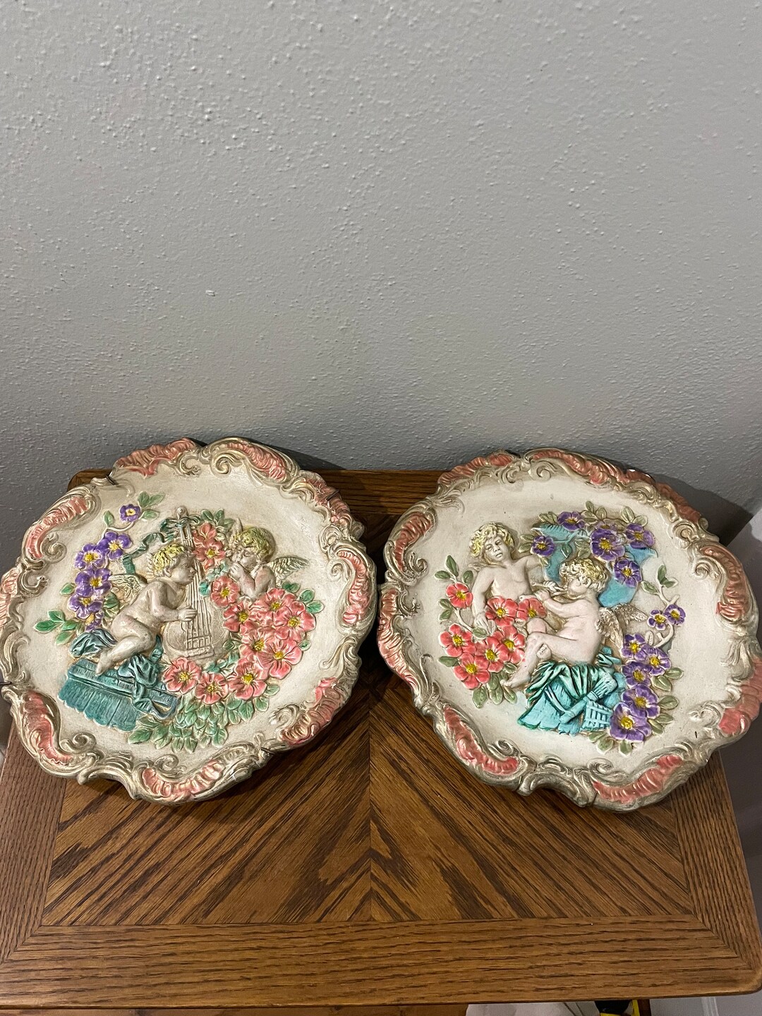 Vintage Cherub Wall Decor, Plaster, Round Wall Plaque, Two Cherubs, Set ...