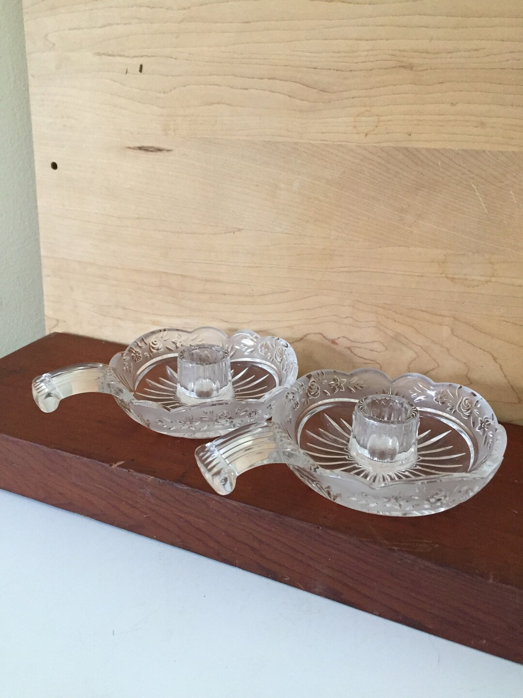 Vintage Glass Candlesticks, Glass Chambersticks, Hand Held Candle ...